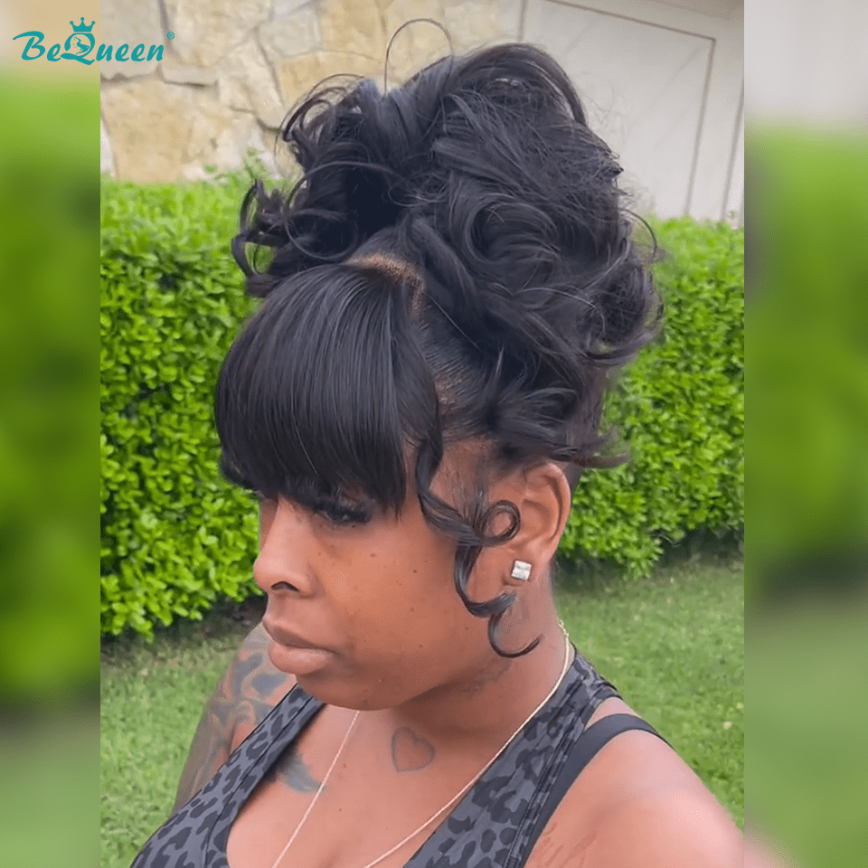 Bequeen Updo Natural Black Bangs Full Lace Wig – BeQueen Wig